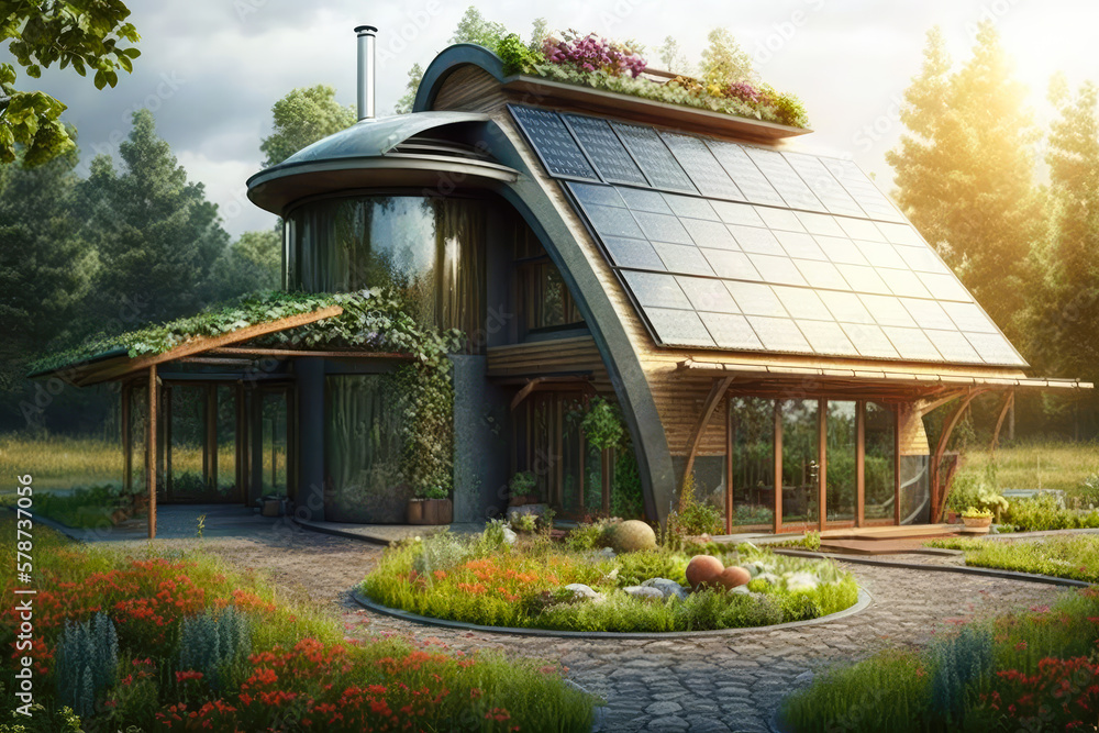 A fully sustainable and eco-friendly house with solar panels, a rainwater collection system, and ...