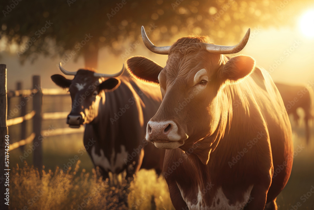 Cows herd on a grass field during the summer at sunset. A cow is ...