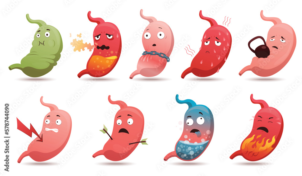 Stomach troubles icons. Sad suffering sick human stomach. Vector flat ...
