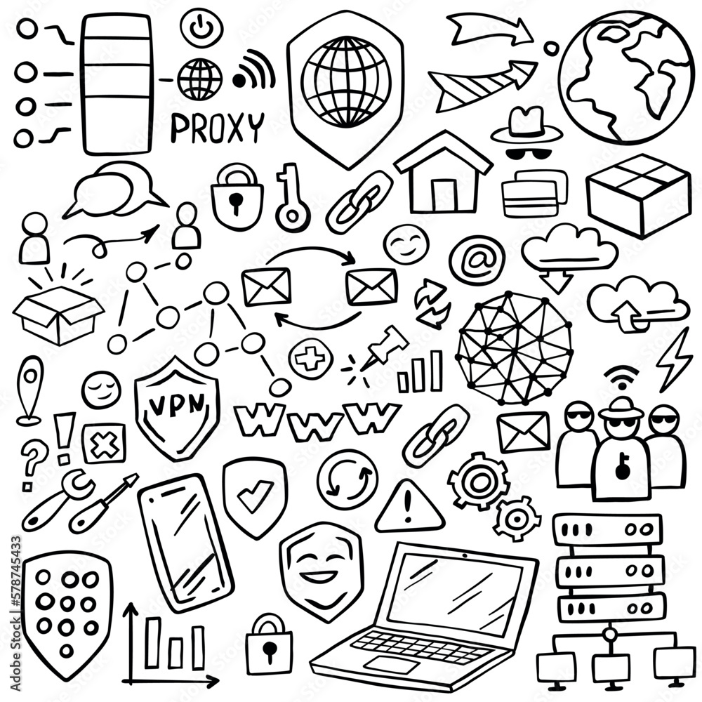 Set of proxy server doodle on white background. Web doodle, VPN server design elements. Internet ...