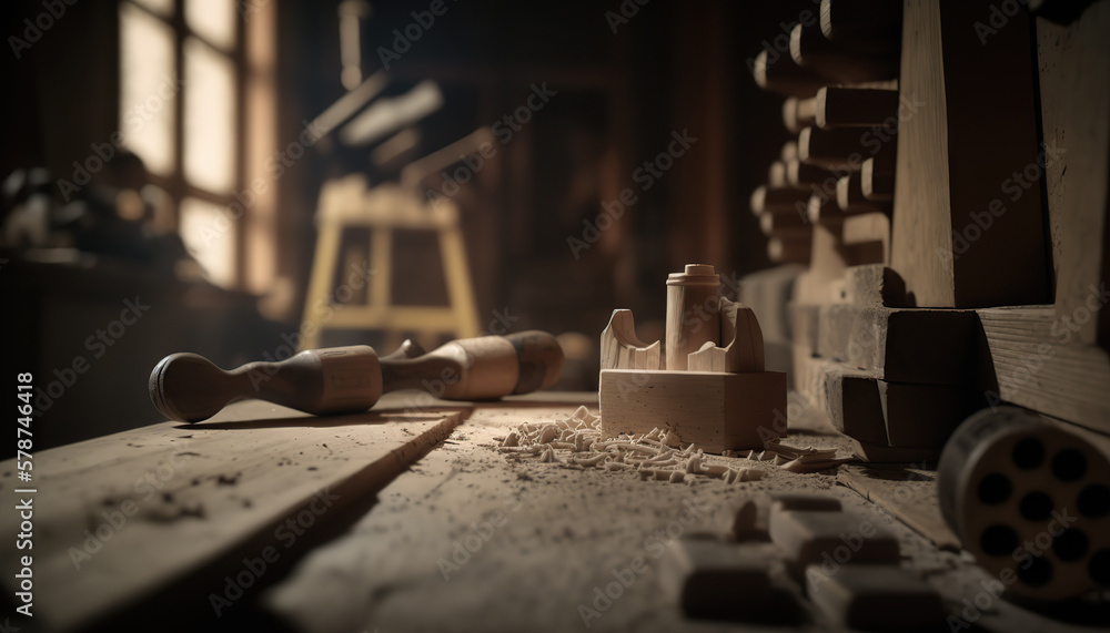 Abstract carpentry woodcraft studio, indoor woodworking workshop ...