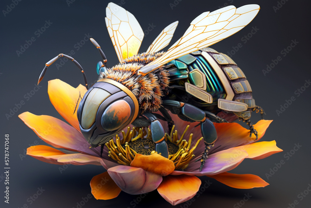 Bee - robot. Artificial bee pollinating a flower. The concept of the ...