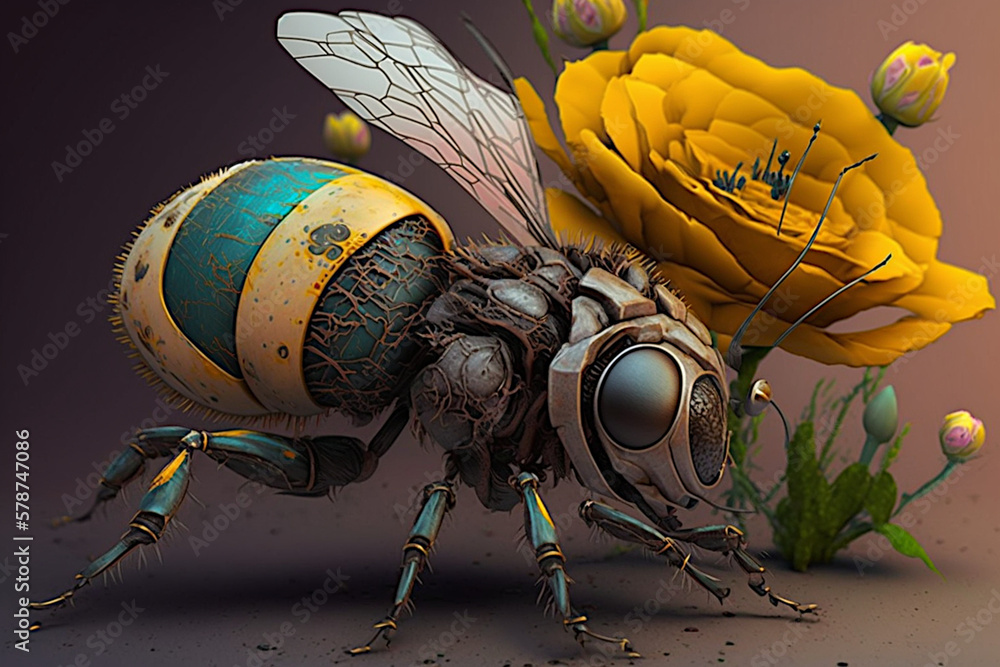 Bee - robot. Artificial bee pollinating a flower. The concept of the ...