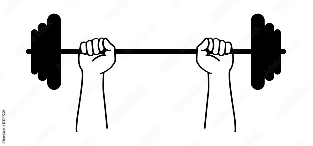 Cartoon barbell weight icon or Strength symbol. Hands lifted barbell ...