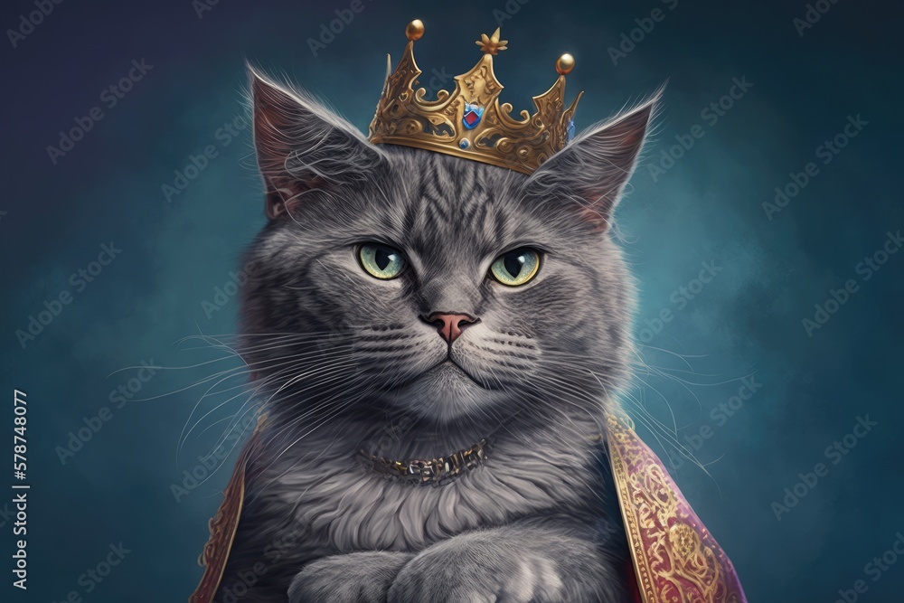 Cat in clothes, wearing a crown, and looking very gray and fluffy, on a ...