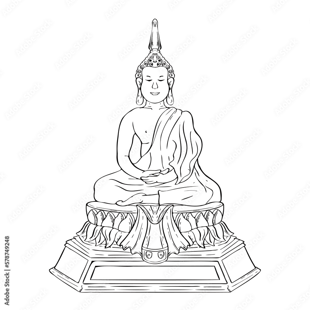 Buddha line decorative outline drawing. Sketch of a sitting or ...