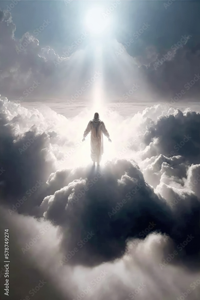 Jesus in the clouds of heaven in the glory of the Father offering ...