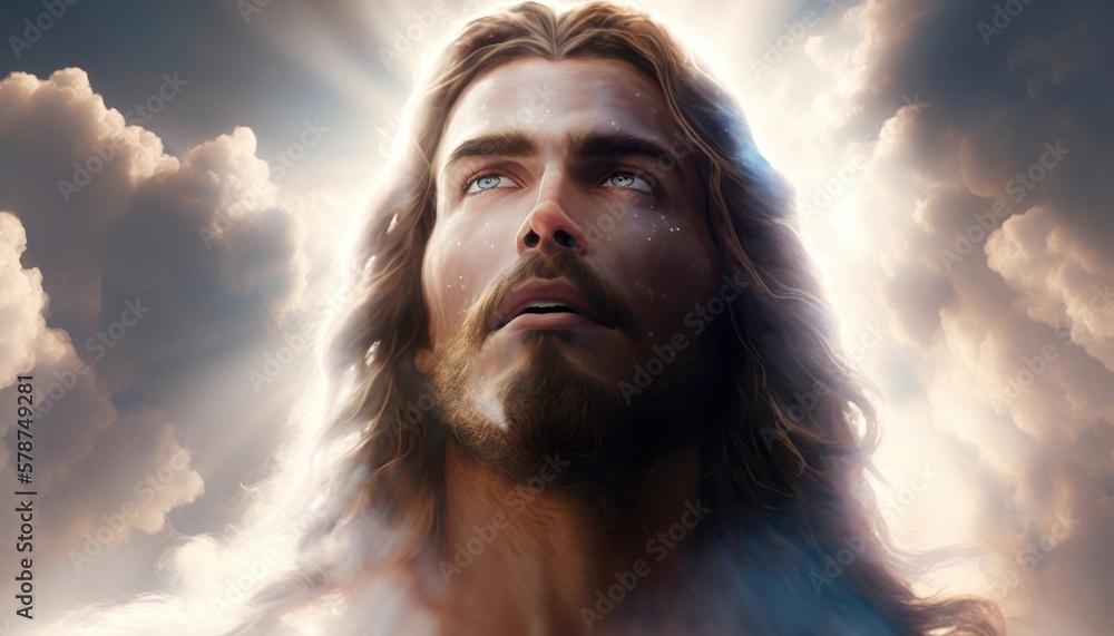 Painted expression portrait of Jesus face with clouds in the sky ...