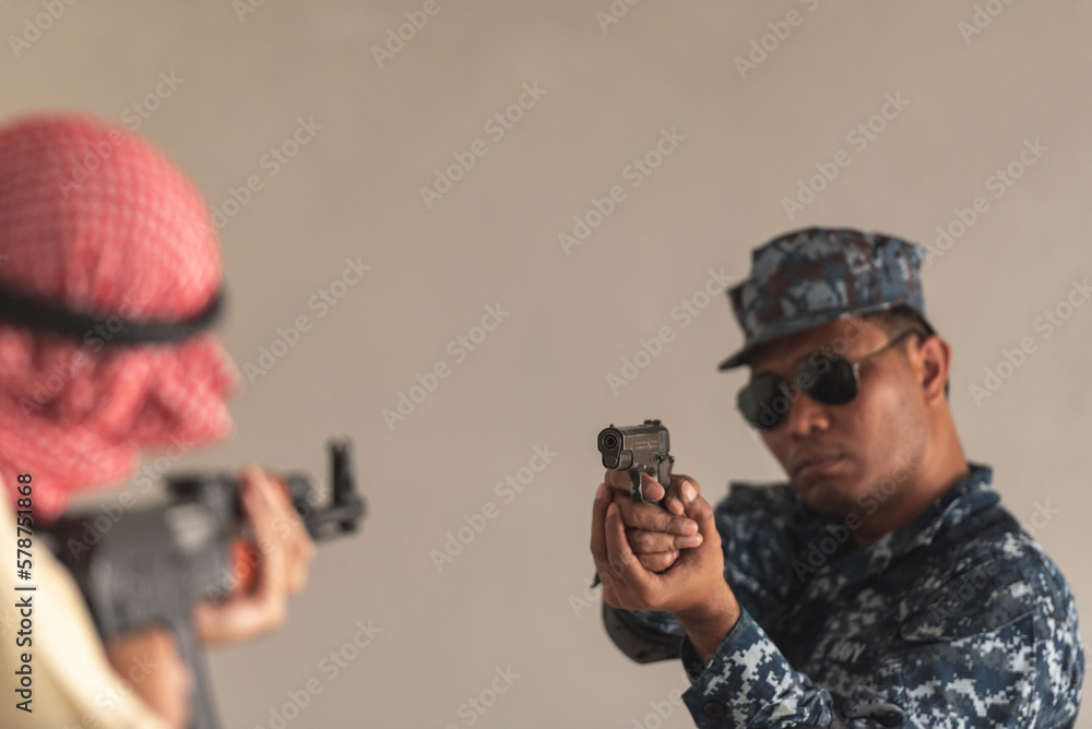 Police cop constable aiming handgun for gunfight with terrorist thief ...