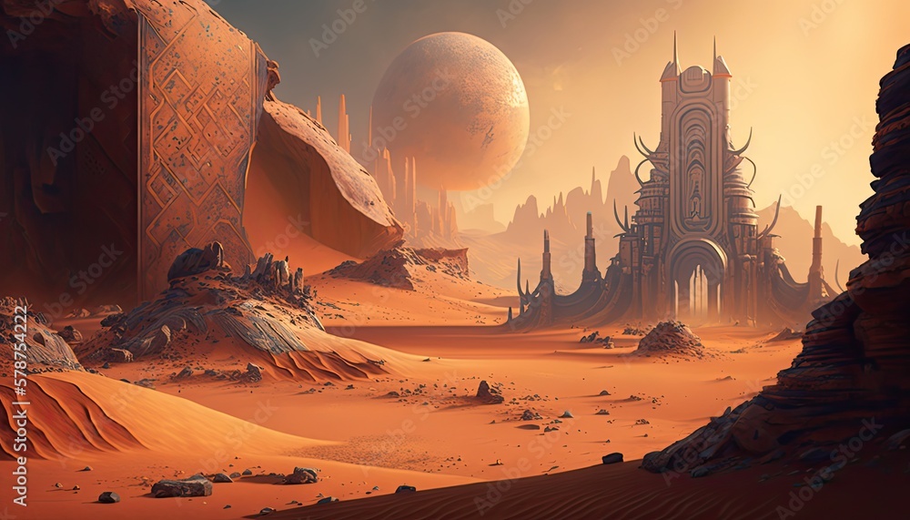 A massive fantasy city mars colors landscape concept art surrounding an ... A massive fantasy city mars colors landscape concept art surrounding an ...