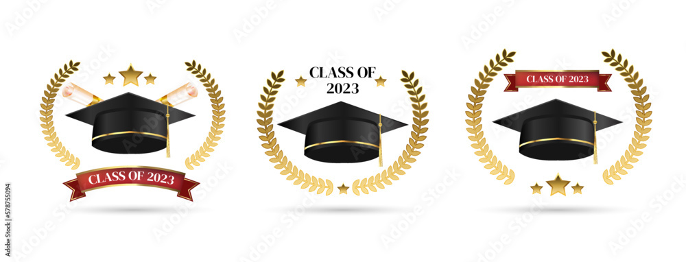 Class of 2023 background with graduation hat, confetti, golden ribbon ...
