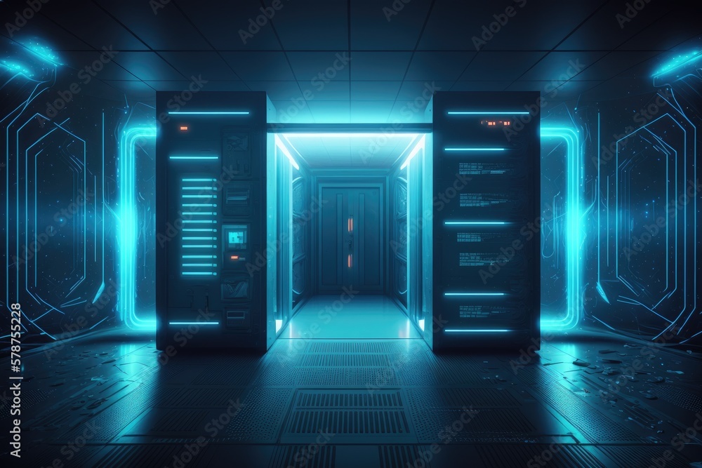 Abstract blue neon future background with a data center, transferring ...
