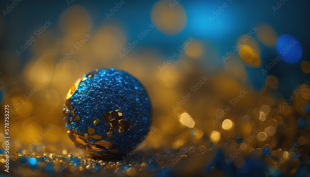 a shiny blue and gold ball on a blue and gold background with some gold ...