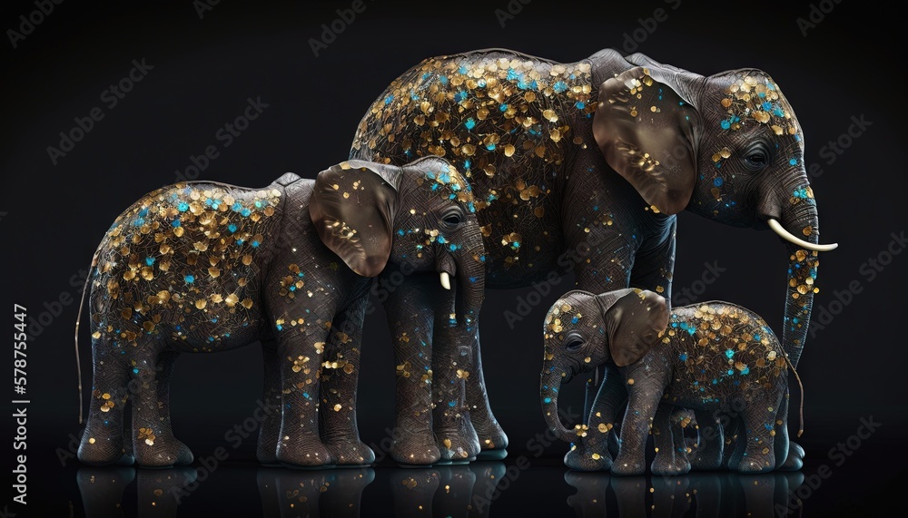 a group of three elephants standing next to each other on a black ...