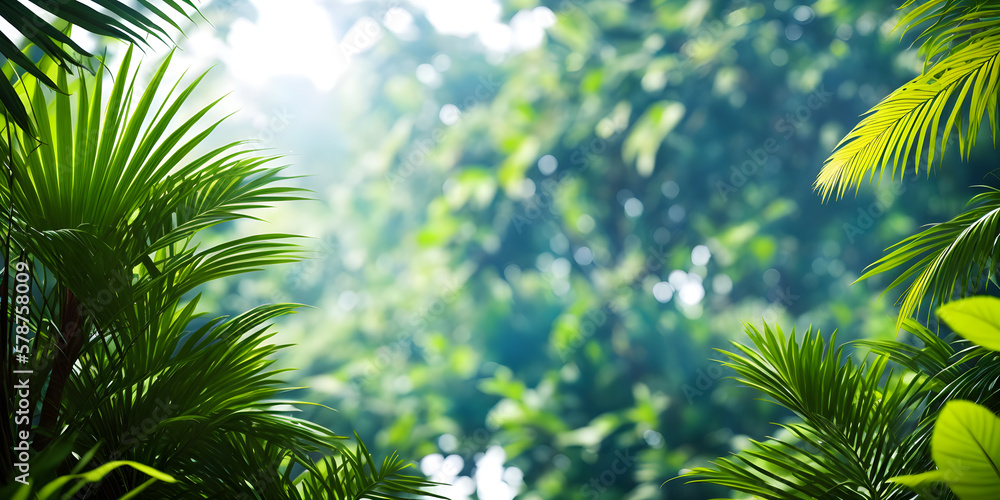 Beautiful wallpaper with a tropical landscape. Jungle with palms, trees ...