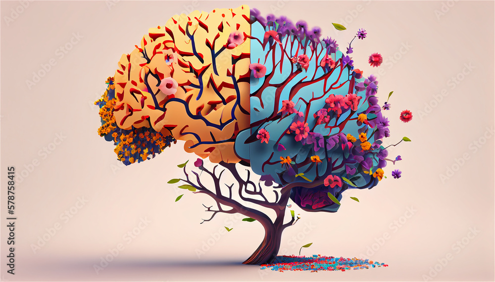 human brain tree with flowers mental concept, Generative AI Stock ...