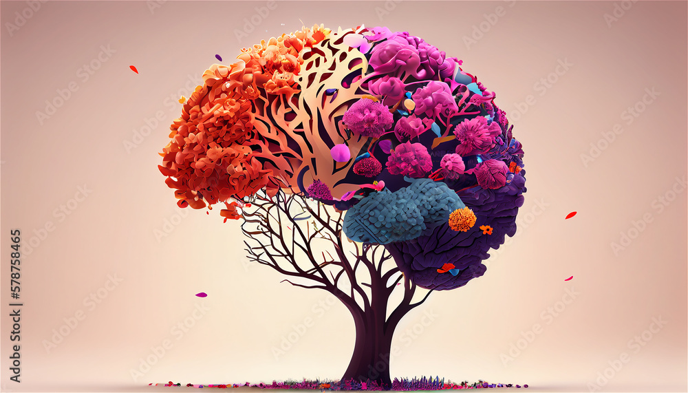 human brain tree with flowers mental concept, Generative AI Stock ...
