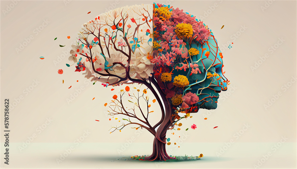 human brain tree with flowers mental concept, Generative AI Stock ...