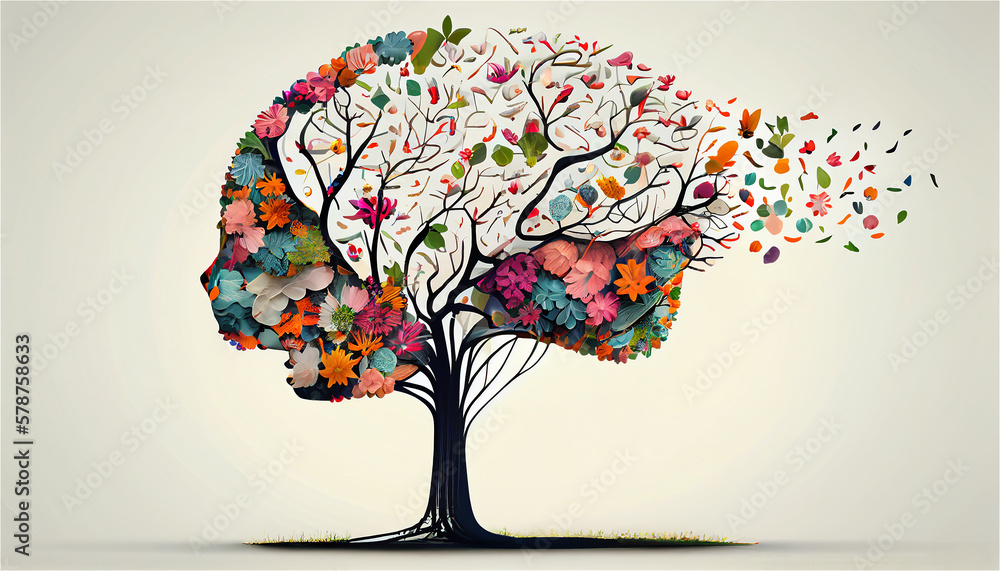 human brain tree with flowers mental concept, Generative AI Stock ...