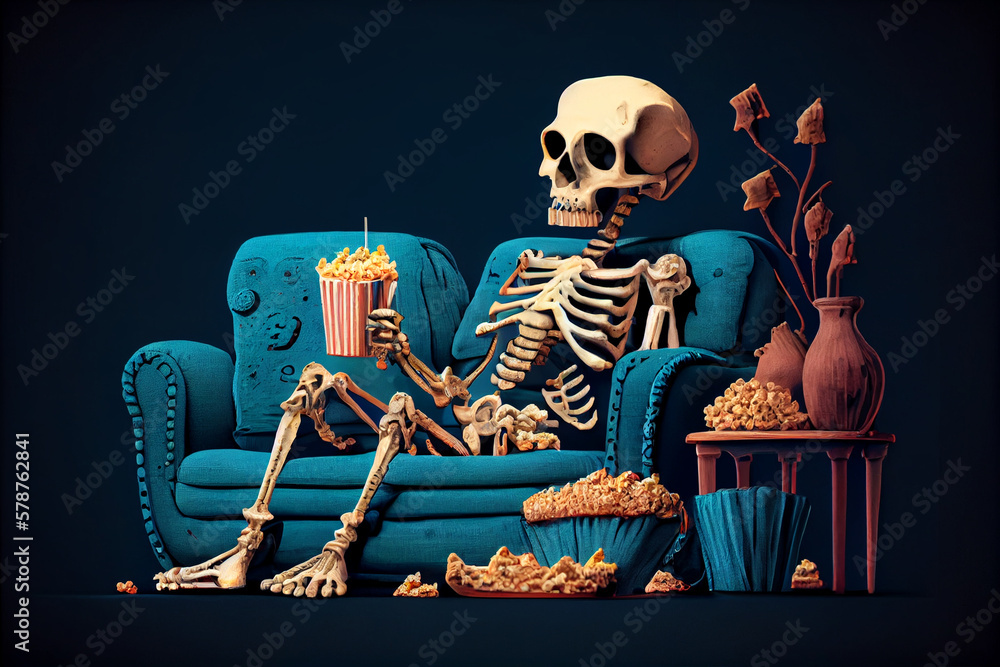 Skeleton watching movie in home theater. AI generate Stock Illustration ...