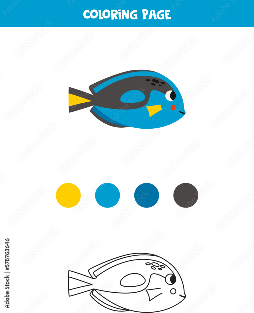 Coloring page with cute blue tang fish. Worksheet for children. Stock ...