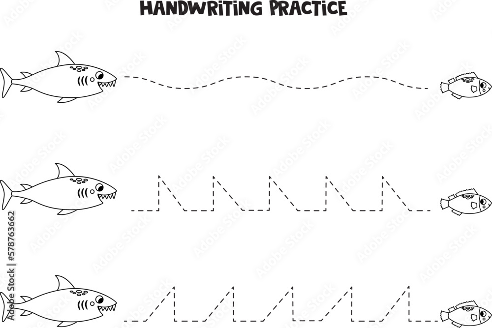 Tracing lines for kids. Cute shark and fish. Writing practice. Stock ...