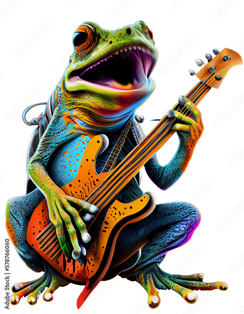 Colorful cool frog with guiter, png transparent background. Animal t ...