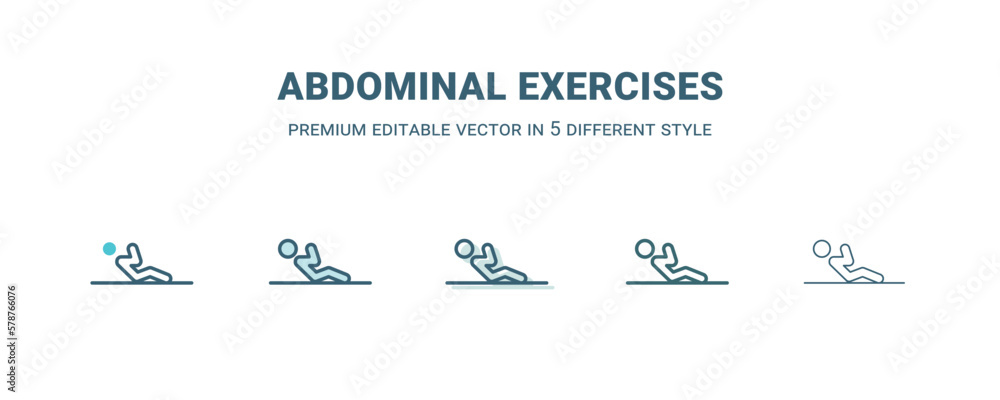 abdominal exercises icon in 5 different style. Outline, filled, two ...