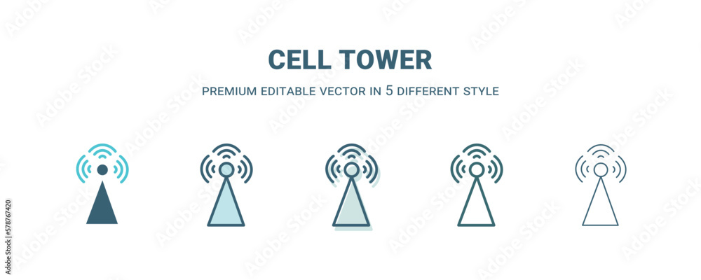 cell tower icon in 5 different style. Outline, filled, two color, thin ...