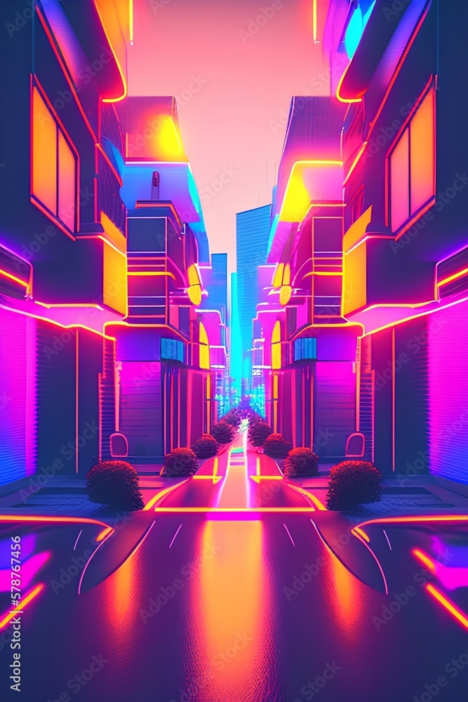 neon urban town street view through VR glasses mega city building ...