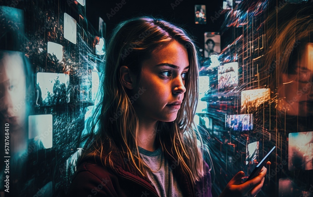 Young pretty sad woman in the scary and depressing world of social ...