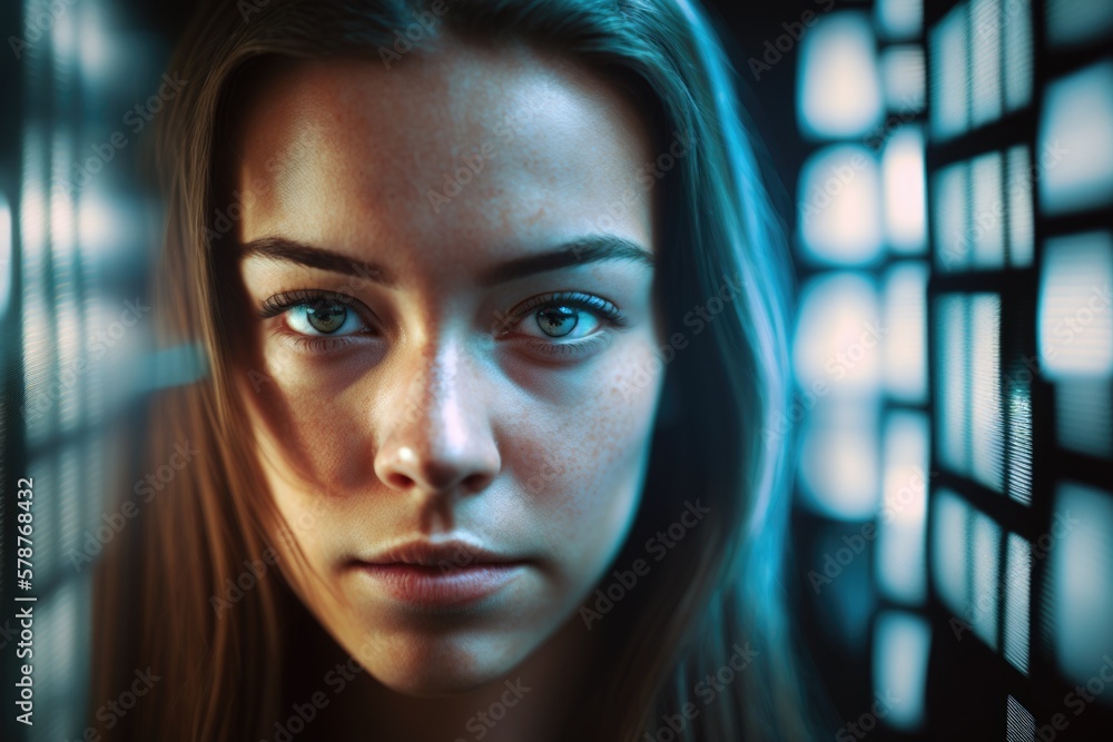 Young pretty sad woman in the scary and depressing world of social ...