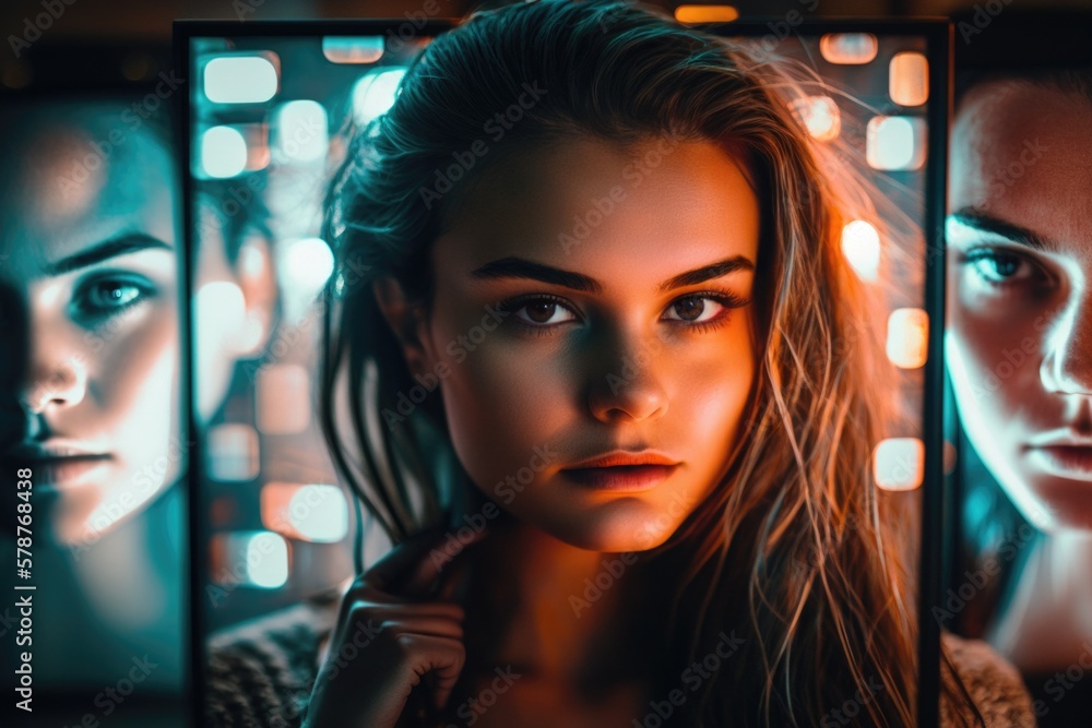 Young pretty sad woman in the scary and depressing world of social ...