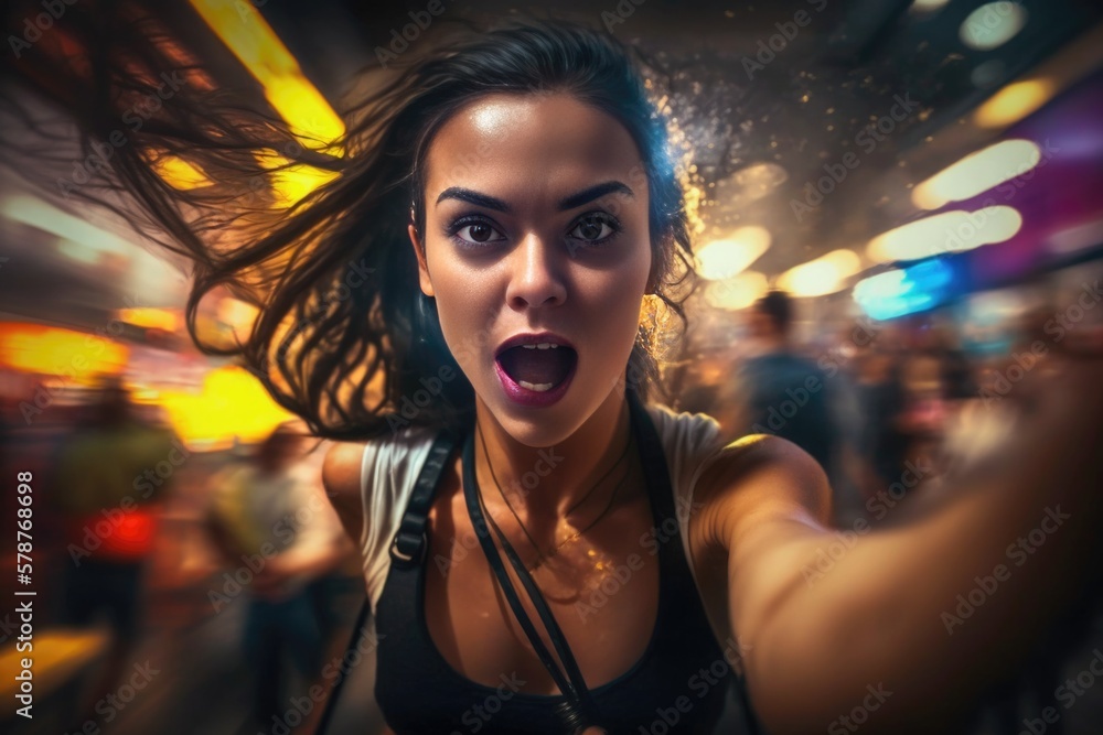 Young pretty sad woman in the scary and depressing world of social ...