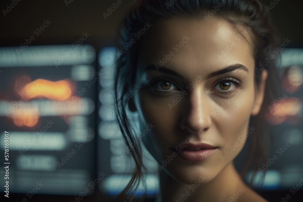 Young pretty sad woman in the scary and depressing world of social ...