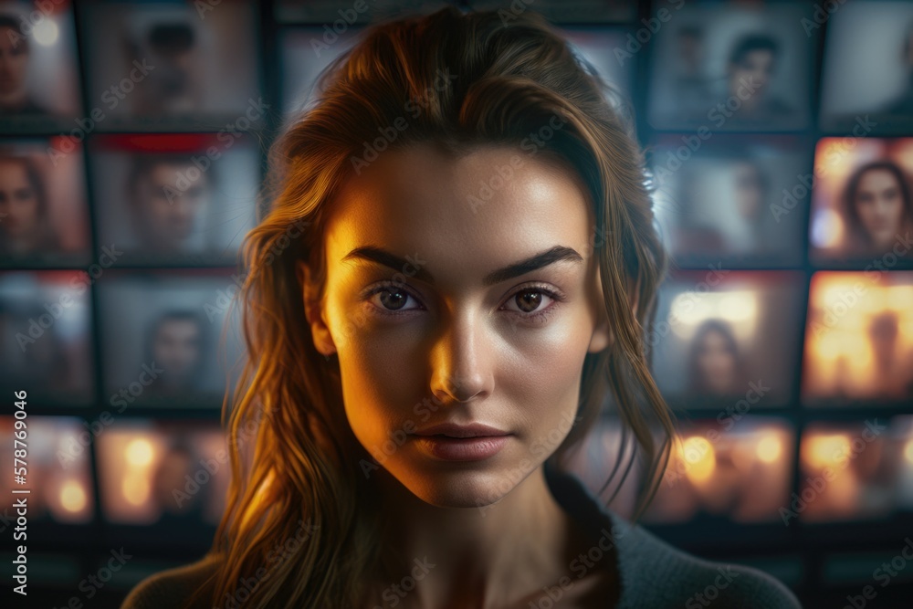 Young pretty sad woman in the scary and depressing world of social ...