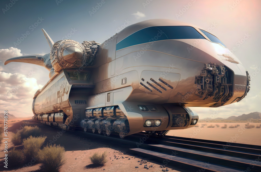 A futuristic armored train with robust treads moving through a desert ...