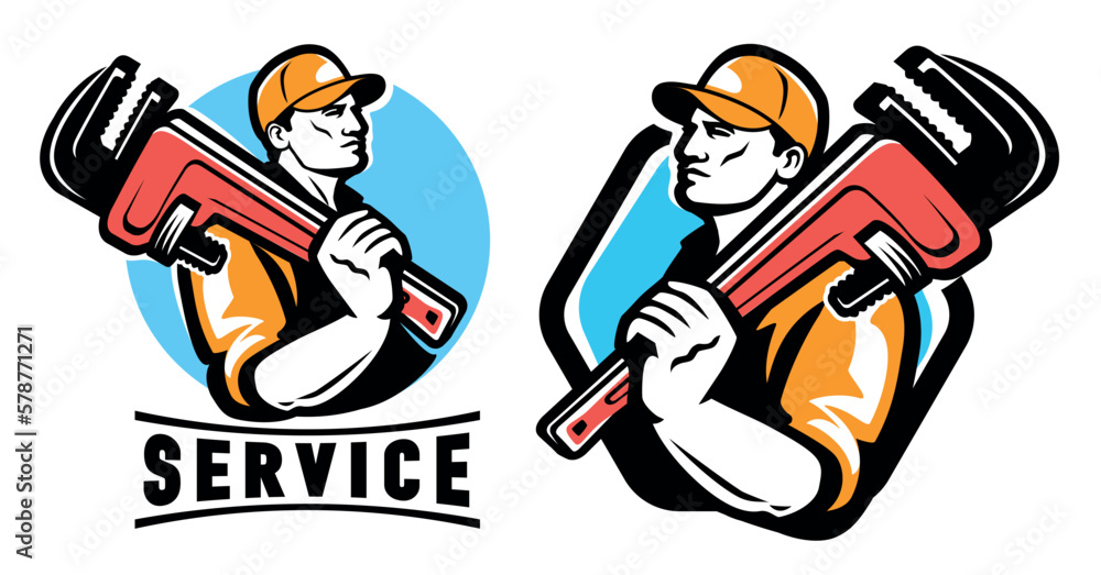 Technical service emblem, workshop logo. Plumber with plumbing wrench ...