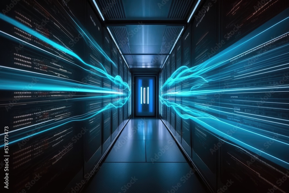 Image shows a high speed Internet data center corridor lit up with blue ...