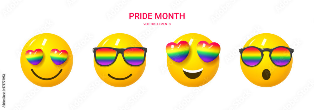 Set of cute smiles for Pride Month. Collection of 3d funny smiles emoji ...