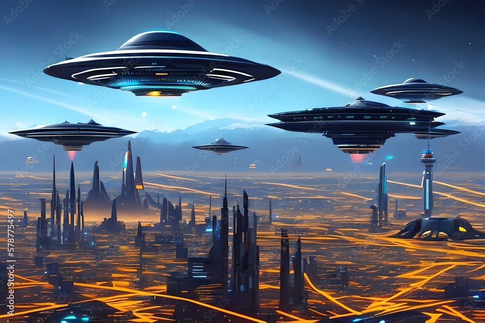 ภาพประกอบสต็อก Ufo Armada Over Downtown. Giant Alien Spaceships Over ...