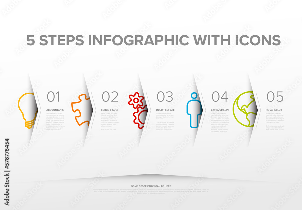 Five light steps progress page template with big color icons Stock ...