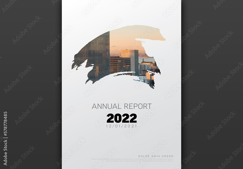 Light annual report front cover page template with photo in brush frame ...