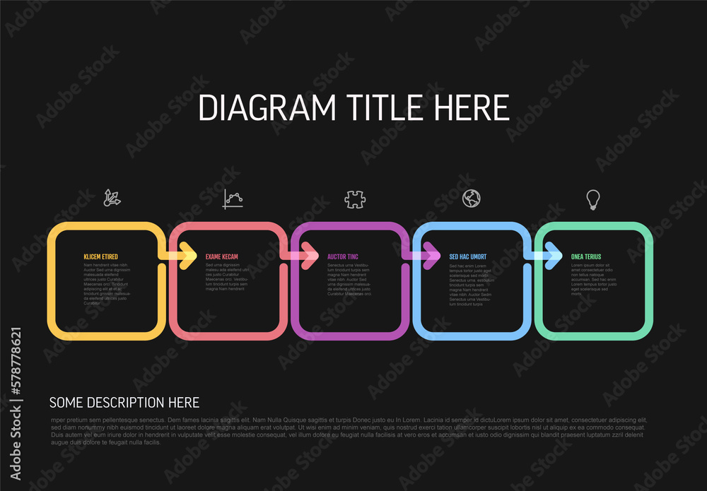 Five simple dark colorful steps process infographic template with ...