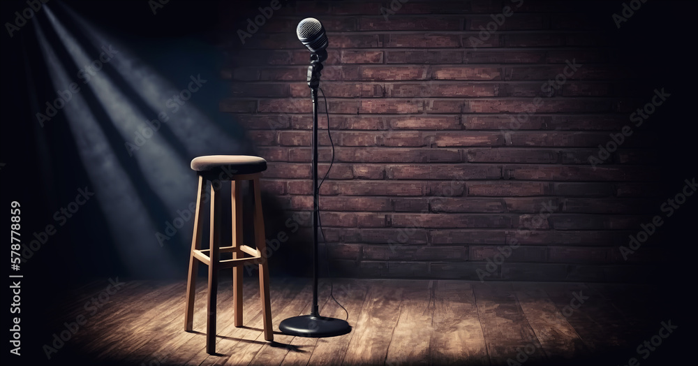 Stand up comedy stage microphone background brick wall. Concept banner open mic for monologue ...