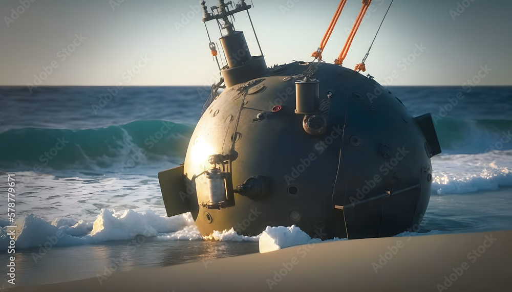 Marine mines for ship on beach of sea. Danger war bomb. Generation AI ...