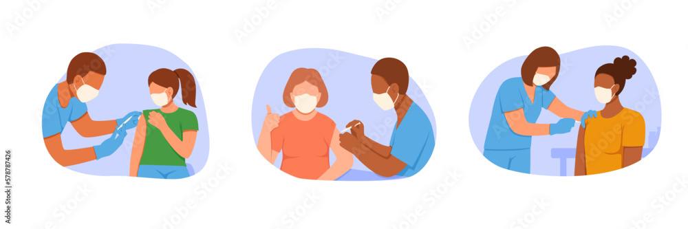 Nurse gives injection with vaccine. Set of patient and doctors on ...