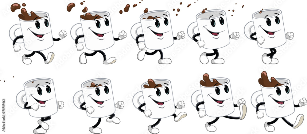 Coffee Mug Walk Cycle. Color vector illustration of a cartoon Coffee ...