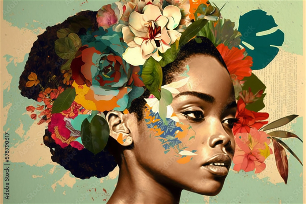 Paper collage of retro image of black woman head with flowers ...