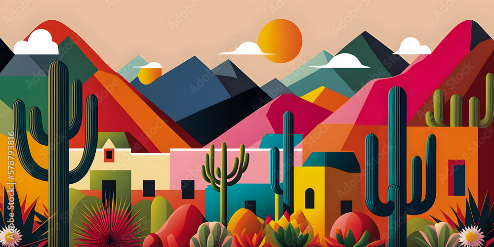 Mexico landscape, flat design illustration, mexican summer, Generative AI Stock Illustration ...